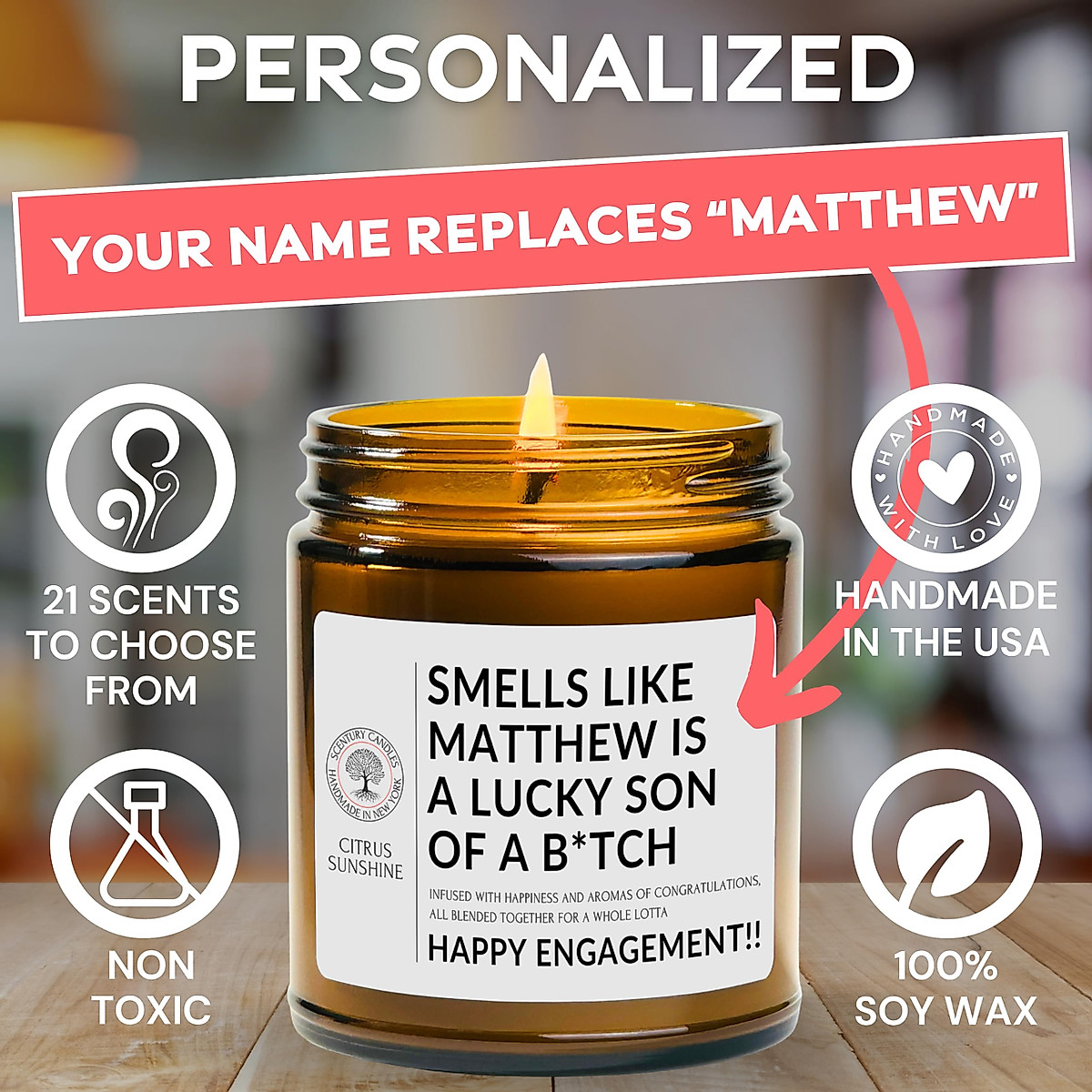 PERSONALIZED Engagement Gift For Couples, Happy Engagement Candle, 21 Scents To Choose, Gifts For Newly Engaged Couple, Custom Funny Engagement Gift For Her/Him, Bride To Be Gifts