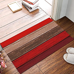Door Mat for Bedroom Decor, Rustic Wooden Plank Board Red Brown Floor Mats, Holiday Rugs for Living Room, Absorbent Non-Slip Bathroom Rugs Home Decor Kitchen Mat Area Rug 18x30 Inch
