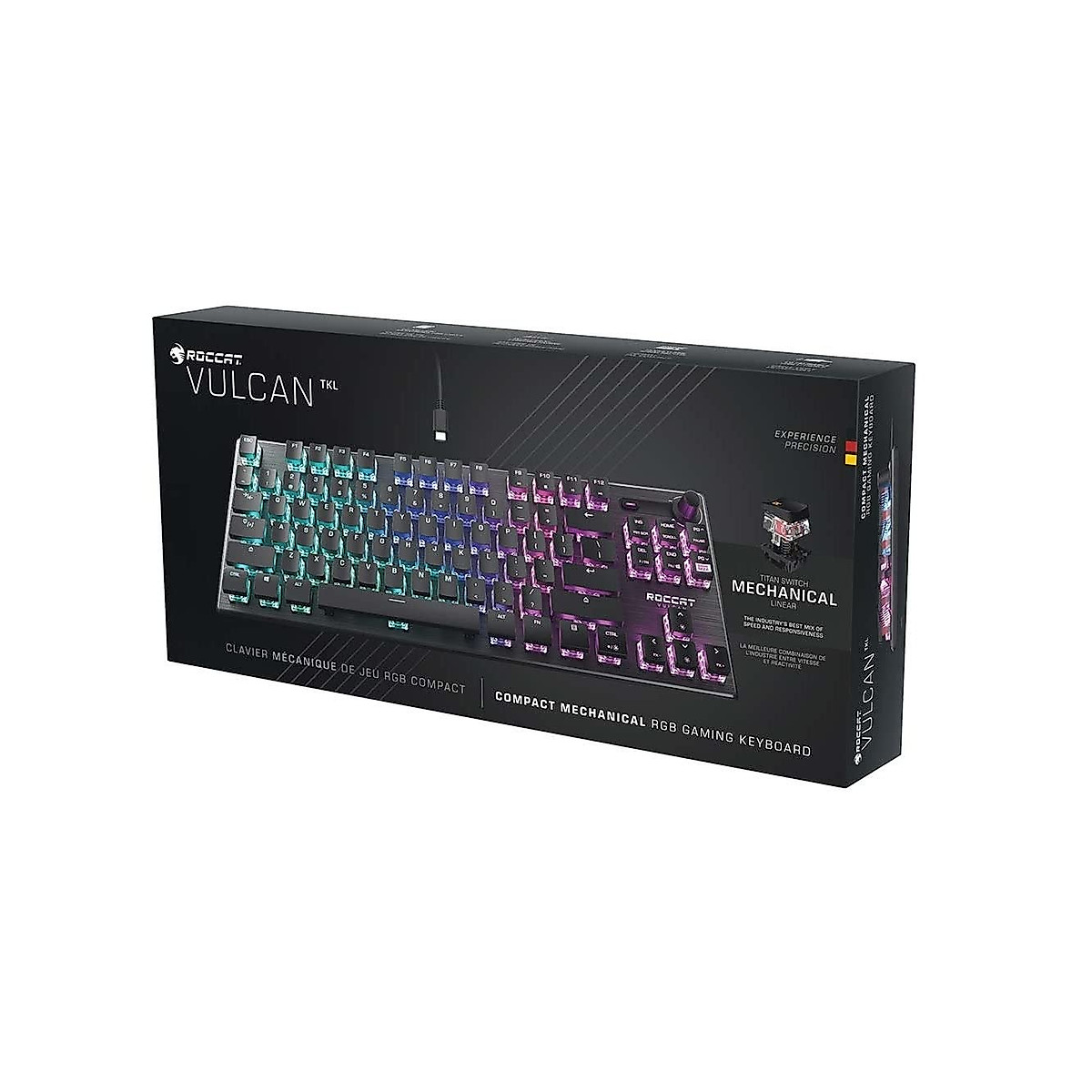 ROCCAT Vulcan TKL Linear PC Gaming Keyboard, Titan Switch Mechanical with Per Key AIMO RGB Lighting, Tenkeyless, Compact Design, Anodized Aluminum Top Plate, Detachable USB-C Cable, Black