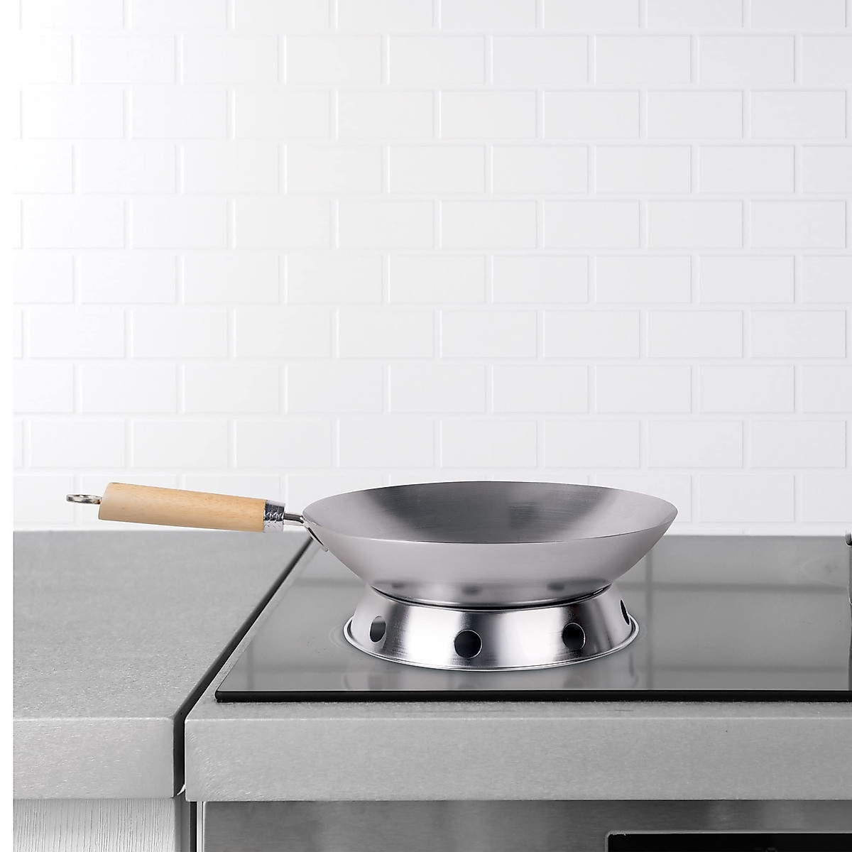 Helen's Asian Kitchen 97146 Round Bottom Wok, Carbon Steel and Bamboo, 12-Inches, 4-Piece Set, One Size, Black