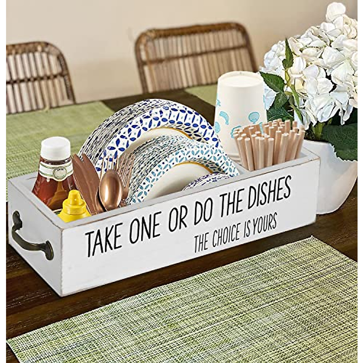 Kitchen Countertop Paper Plate Organizer Utensil Caddy, Wooden Paper Plate Holder with Handle, Utensil Caddy Holder for Cup Fork Knives Napkin Condiment, Silverware Caddy for Party Camping BBQ