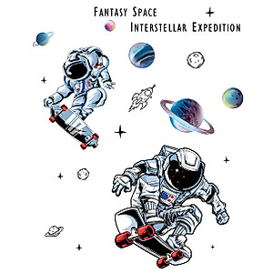 VJSTALS DIY Cartoon Astronaut Wall Sticker Fantasy Interstellar Expedition Skateboard Outer Spaceman Wall Decals for Boys Girls Kids Room Playroom Decoration, 11.8 inches x35.4 inches