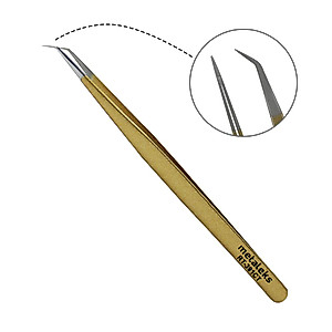 Tweezers for Eyelash Extension - Long 45° Angular Tip Tweezers - Hand Crafted Surgical Stainless Steel Precision Tweezers (Metallic Gold Powder Coated)