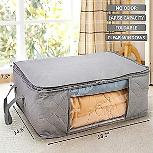 Ecomigo Foldable Storage Bag Organizers - Large Clear Window, Reinforced Carry Handles, Sturdy Zipper - Perfect for Clothes, Blankets, Bedrooms, Closets and More (3-Pack, Gray)