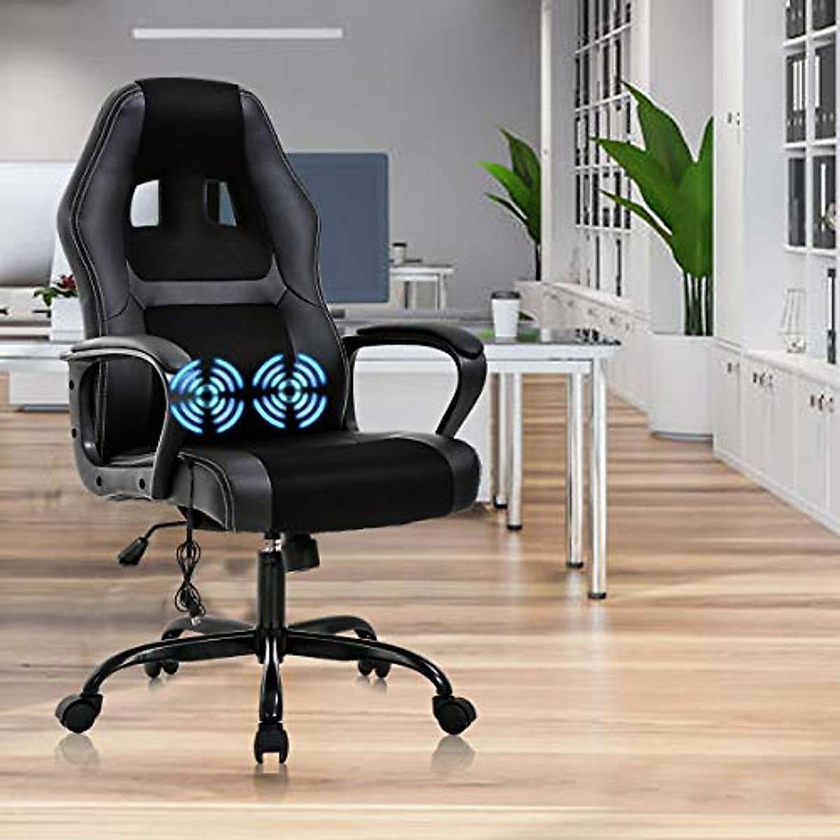 Gaming Chair Swivel Office Chair with Wheels Home Office Chair Ergonomic Computer Chair Desk Chair Rolling Executive Leather Task Chair Adjustable with Arms Mid-Back Stool for Back Problem (Black)