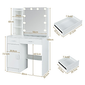 Xinhonglei Modern Makeup Vanity Desk with Lights, Vanity Table with Lighted Mirror, White Vanity Set Dressing Table with 2 Drawers and a Cabinet for Bedroom