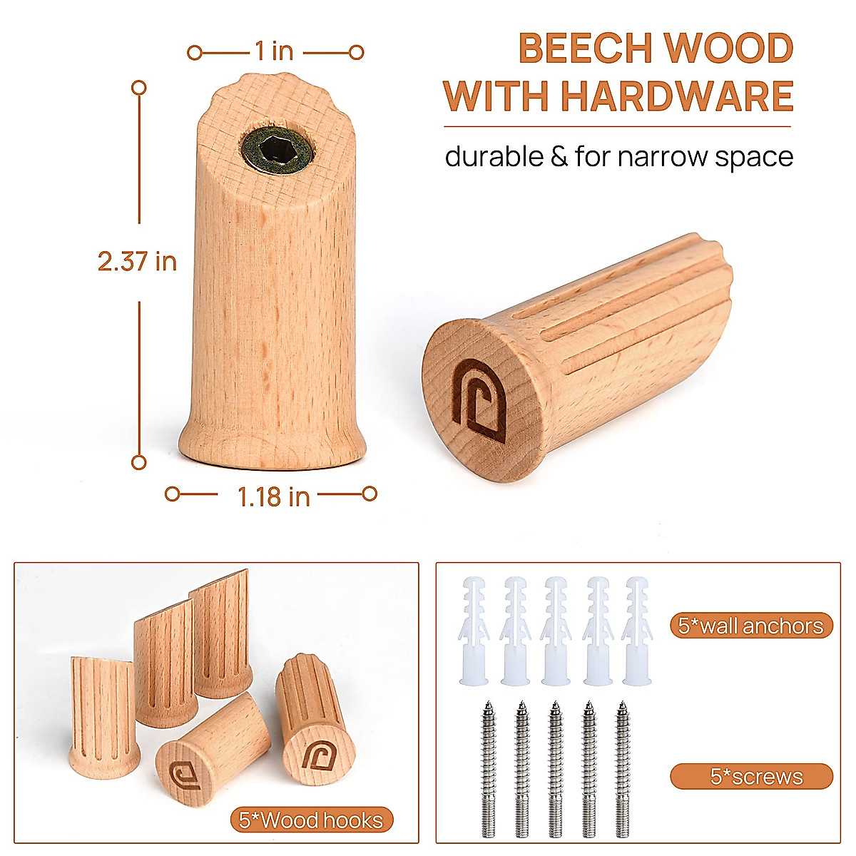 jansky Wood Wall Hooks, Pack of 5, Modern Coat Hooks Wall Mounted, Decorative Hooks for Hanging Clothes, Towel, Hangers, Robe, Scarf, Hat, Bag (Beech Wood)