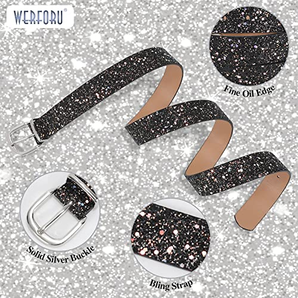 WERFORU Women Shiny Bling Sequins PU Leather Waist Belt for Jeans Dress with Silver Pin Buckle, Black, Fit Waist Size 43-47 Inches-