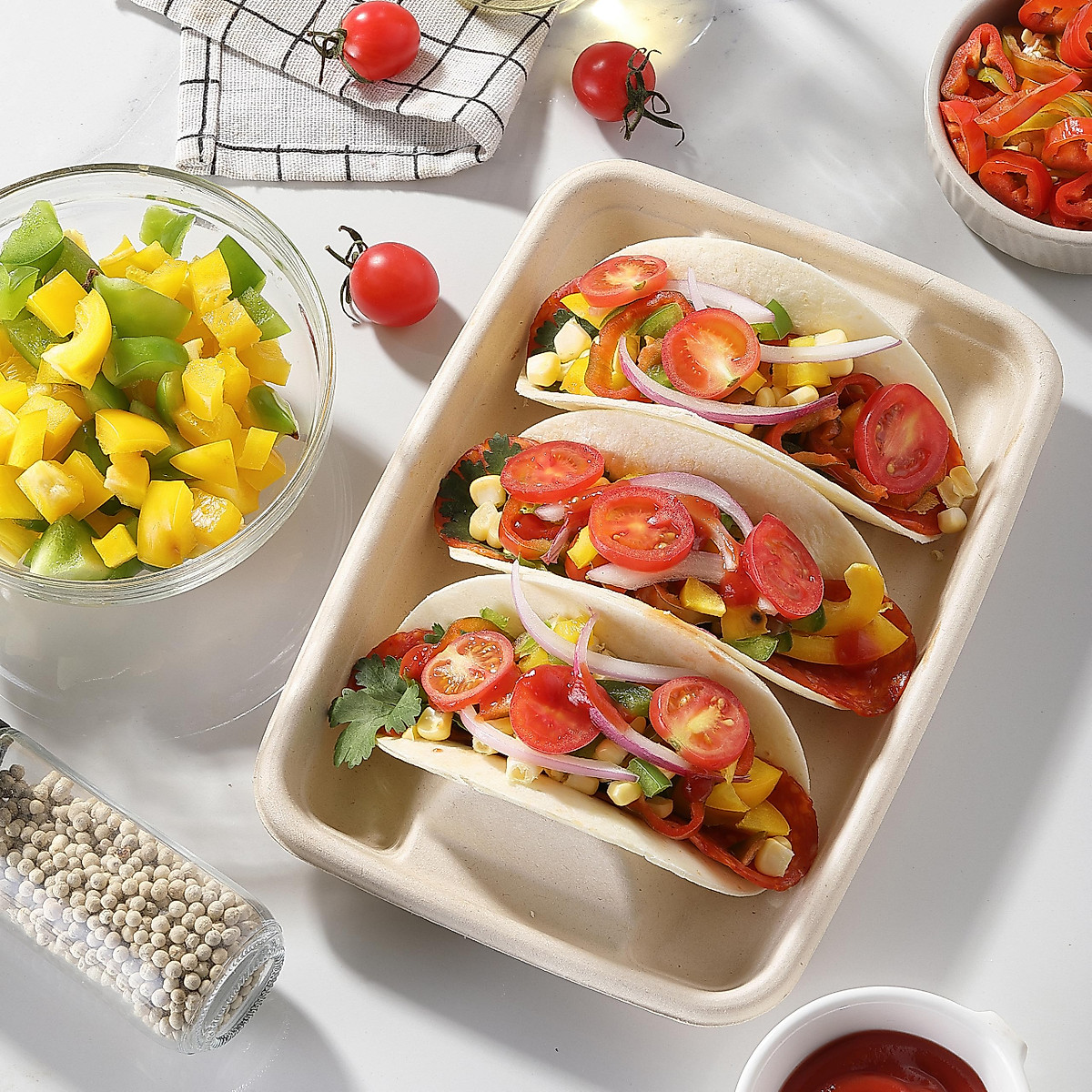 20 PCS Disposable Taco Holders, COKUMA Taco Bar Serving Set for a Party, Taco Plates with Dividers, Taco Plates Tray Stand for 3 Tacos, Taco Tuesday