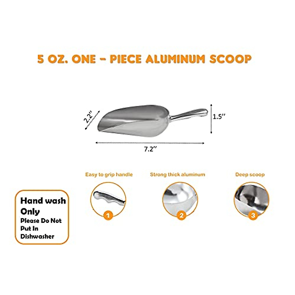 Cast Aluminum Utility Scoop, 5-Ounce - Round Bottom, Small ice scoop For Multi-Purpose Use, With Finger Groove Handle (Hand Wash Only) 5 oz.