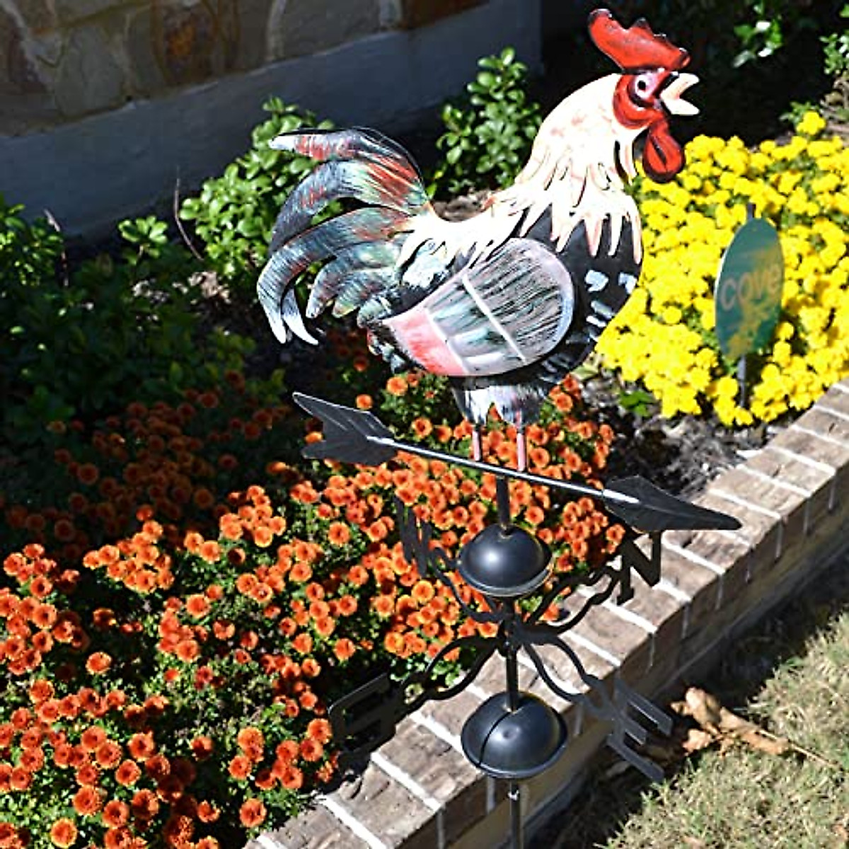 Westcharm 48 in. Crowing Metal Rooster Weathervane | Wind Wheel Decorative Garden Stake with Rooster Ornament | Chicken Garden Weather Vane