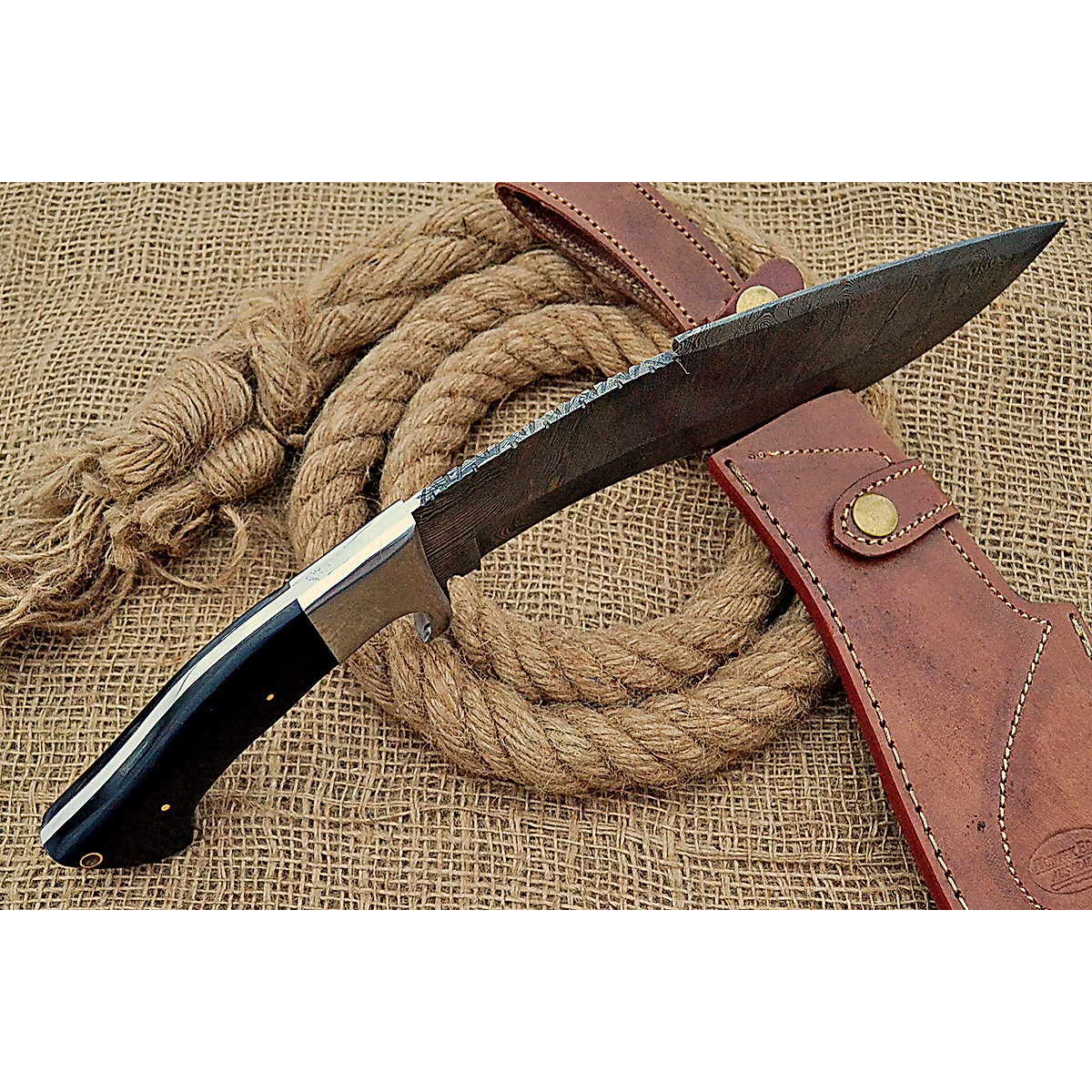 HUNTEX Handmade Hand-Forged Twist Pattern Damascus Steel 15 Inch Long Full Tang Natural Buffalo Horn Handle Razor Sharp Hunting Camping Kukri Knife w/Genuine Leather Sheath
