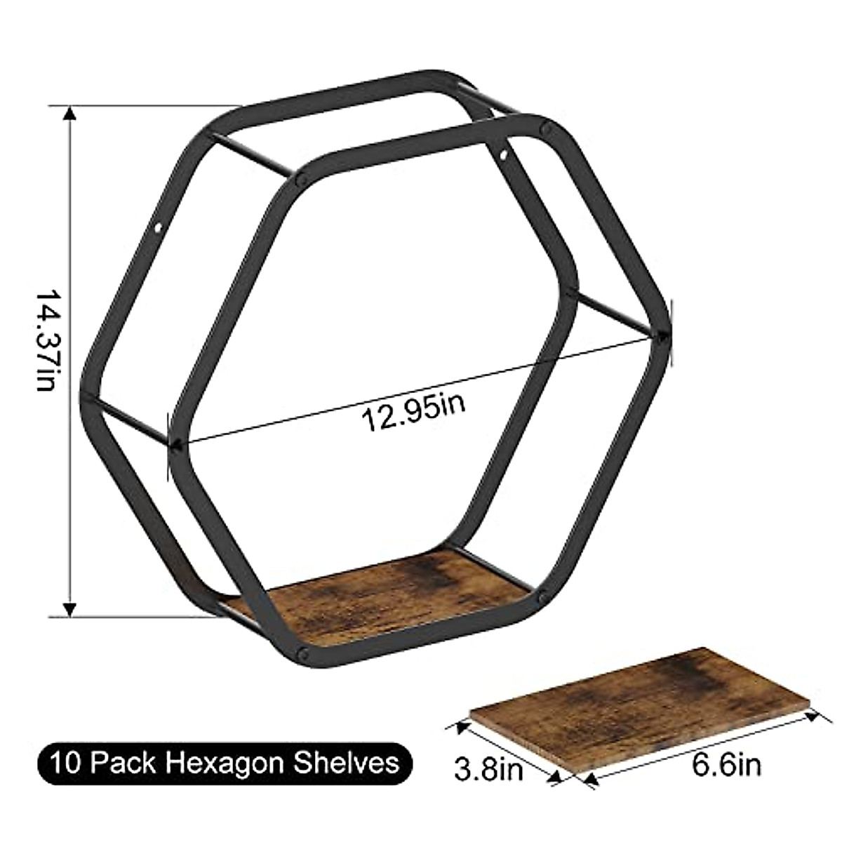 Hexagon Floating Shelves Metal Hexagonal Shelves Wall Mount Honeycomb Storage Shelves Set of 10 Modern Floating Black Display Rack for Wall Decor Geometric Hanging Shelf in Farmhouse Bed/Living Room