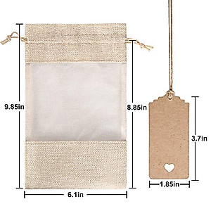 15 Pack 6.3x9.5 Inches Beige Linen Burlap with Sheer Window Organza Gift Bag with Drawstring for Christmas Gifts Wedding Party Favors Cosmetic Perfume Mesh Pouch