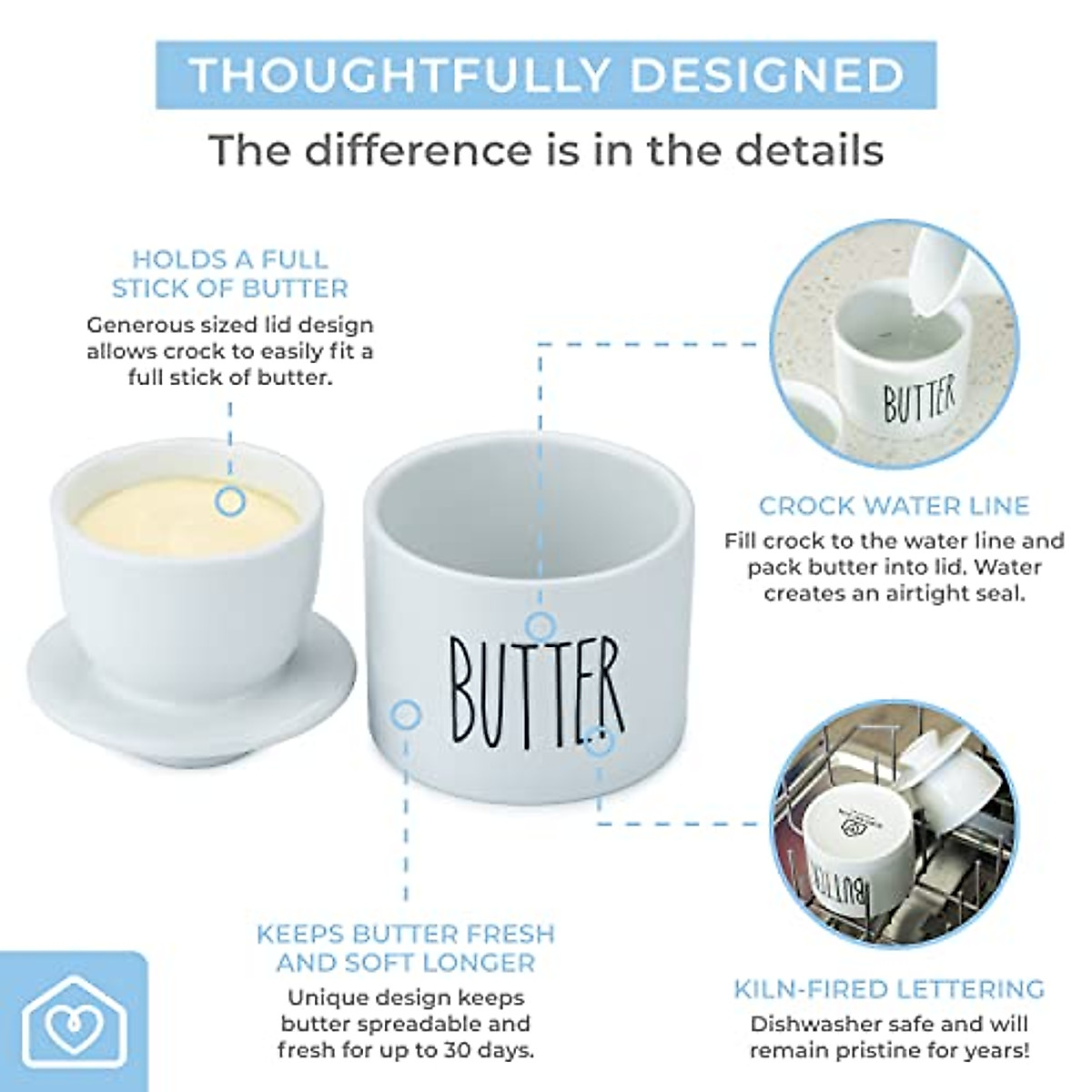 Heartland Home Porcelain French Butter Crock for Counter with Water for Soft Butter. 3.9" Ceramic Butter Dish with Lid Butter Keeper. White Farmhouse Bell Style Butter Holder Container.