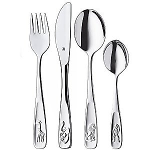 Pignr Animals Children's Cutlery, 4-Piece, from 3 Years, Cromargan Polished Stainless Steel, Dishwasher-Safe in a Gift Box with General Illustration, 4pcs, Silver
