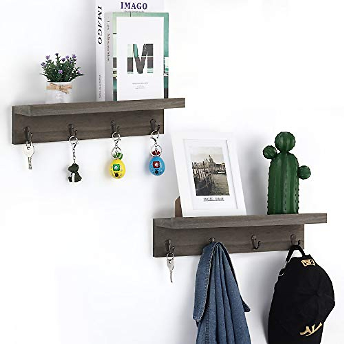 Coat Key Hooks with Storage Shelf, Wall Mounted Entryway Shelf Coat Hooks Set of 2 Solid Wood Hallway Hanging Shelf for Key Hat, Rustic Green