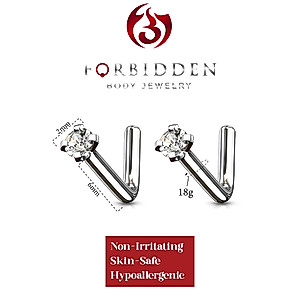 Forbidden Body Jewelry 18g Grade 23 Titanium 2mm Press Fit CZ L Shaped Nose Stud (2pcs)