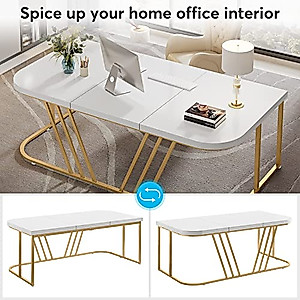 LITTLE TREE 63 inches Executive, Home Office Computer Desk Modern Glod Large Conference Table with Metal Frame, Gold & White