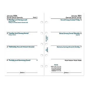 Filofax Calendar Diary Refill, Mini Size, Week-to-View, White Paper, Unruled, Multilingual: Four Languages, 2024 (C68127-24)