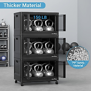 BROVIEW 320Qt Stackable Storage Bins with Lids, 80Gal Plastic Collapsible Storage Bins with Doors and Wheels, Closet Organizers and Storage, Black Folding Storage Cabinet for Home Garage, 4 Pack Cube