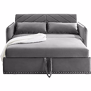 FULife 3-in-1 Convertible Sofa Pull-Out Sleeper,Adjustable Loveseat Futon Sofá Chair w/USB Charging Port,Reclining Backrests,Side Pockets&Pillows,Small Velvet 2 Seaters Lounge Couch, Gray Nailed Decor