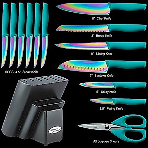DISHWASHER SAFE Rainbow Titanium Cutlery Knife Set Kitchen Knives Sets Plug Rainbow Titanium Colorful Kitchen Utensils Set Stainless Steel Utensil Set - 6 Cooking Utensils