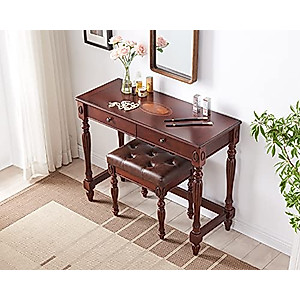 MODERION Solid Wood Vanity Bench Stool with Padded Cushion, Piano Bench with Wood Carving Legs, Button Breathing Leather Upholstered Seat, 18.89” x 18.5 x 14.17” Brown FD1533BN