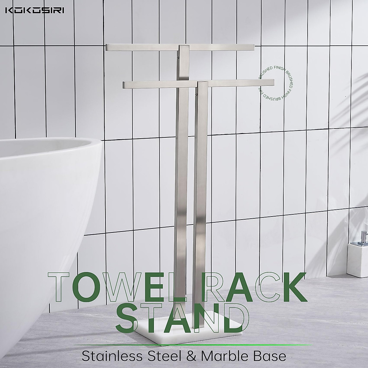 KOKOSIRI Bathroom Towel Rack 2-Tier Standing Towel Racks with Marble Base Freestanding Towel Bars Bath Towel Hook Robe Hook Coat Hook Brushed Nickel THS0001-BR+B1010BR-P2