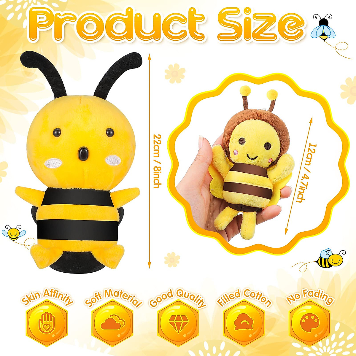 Jerify 6 Pieces Bee Plush Toy Bee Stuffed Animal, Yellow Bees Plushie Cuddly Large Soft Bee Pillow for Christmas Thanksgiving Birthday Bee Themed Party Gift, 8 Inches and 4.7 Inches