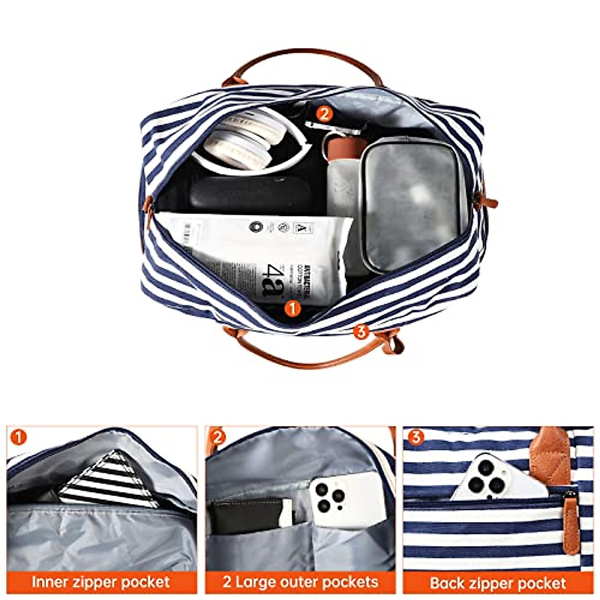 Oflamn Weekender Overnight Bag for Women with Shoe Compartment, Travel Duffle Bag Set with Hand Tote Bag & Toiletry Bag (Blue Stripes)