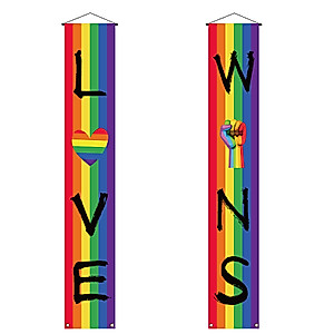 Love Wins Pride Day Porch Banner LGBT Rainbow Stripes Heart Gay Lesbian Front Door Wall Sign Party Decoration