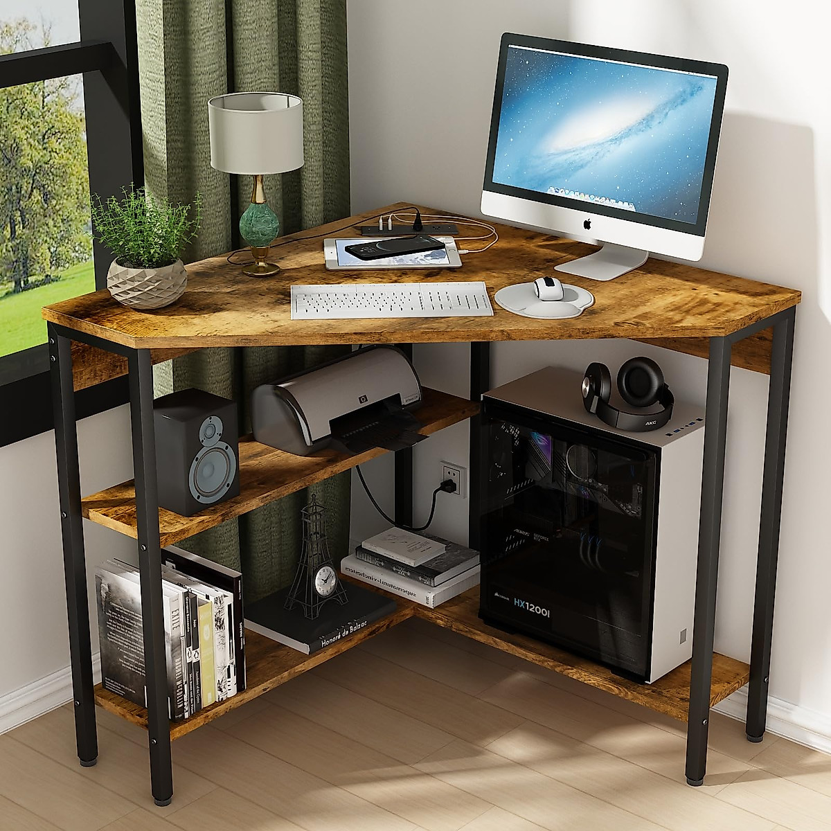 Corner Desk with Outlets & USB Ports, 90 Degree Triangle Corner Table with CPU Stand & Storage Shelves for Small Space, Computer Table with Charging Station for Home Office Bedroom (Rustic)