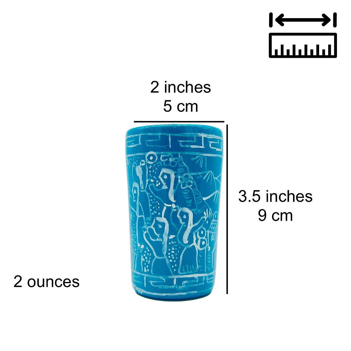 Casa Fiesta Designs Colorful Mexican Shot Glasses, Hand-painted in Mexico - Great for Tequila, Mezcal and Sangrita, 2 oz - Tequilero Historias (Pack of 2) (Turquoise)