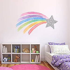 Shooting Star Rainbow Wall Decal Pastel Watercolor Unicorn Nursery Girls Bedroom Decor Silver Star & Rainbow Wall Decor ND04 (24"W x 14"H inches)