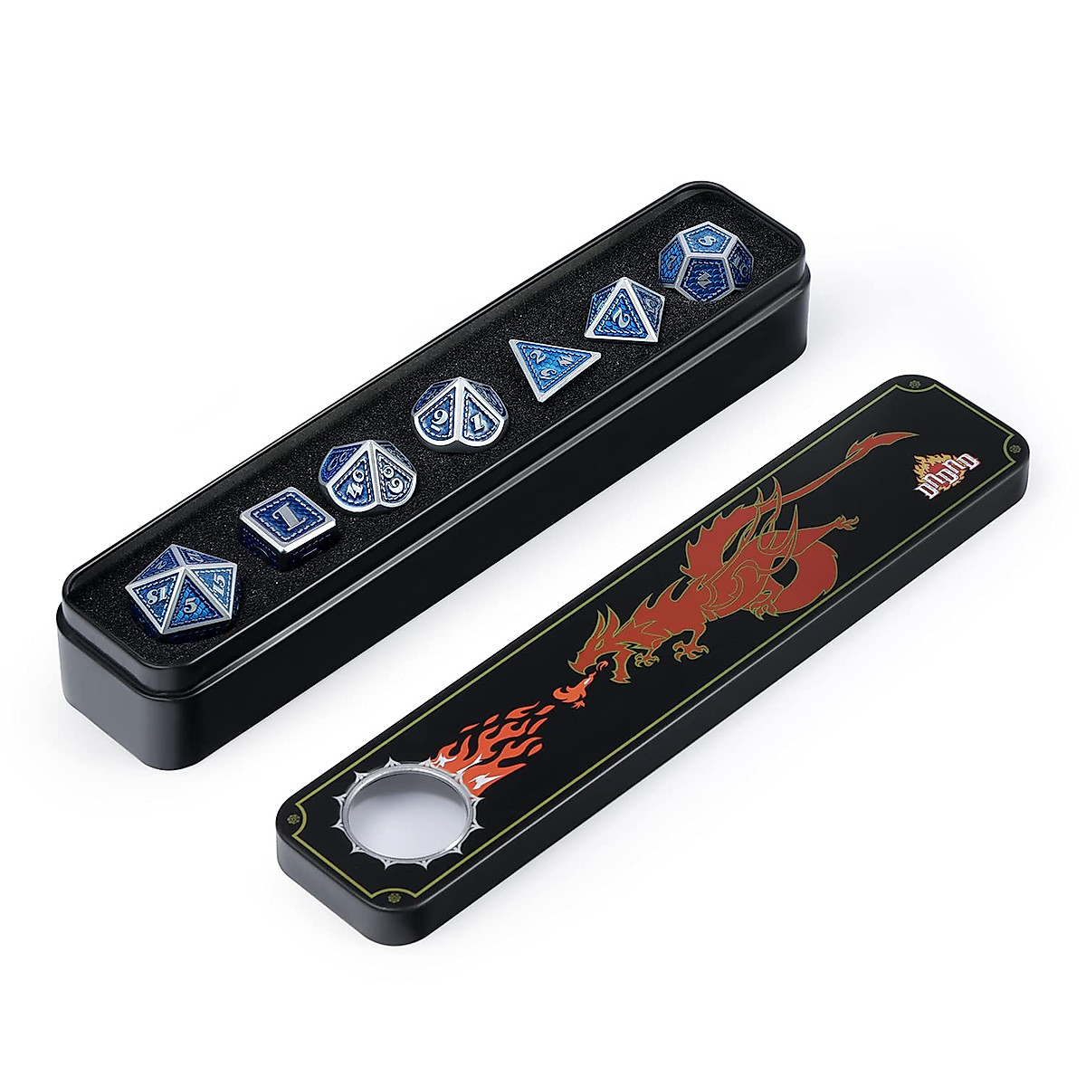 DNDND Dragon Skin Metal Dice Set, 7 PCS Metallic D&D Die with Metal Tin for DND Game (Azure with Silver Edge)