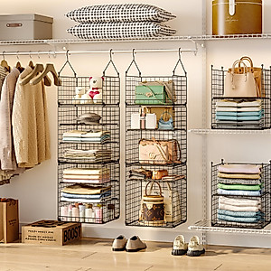 Yuyetuyo 6 Tier Hanging Closet Organizer Foldable Hanging Clothes Shelves with Adjustable Dividers, Closet Shelf Organizer for Clothing Sweaters Socks Dolls Handbags, Separable, Black