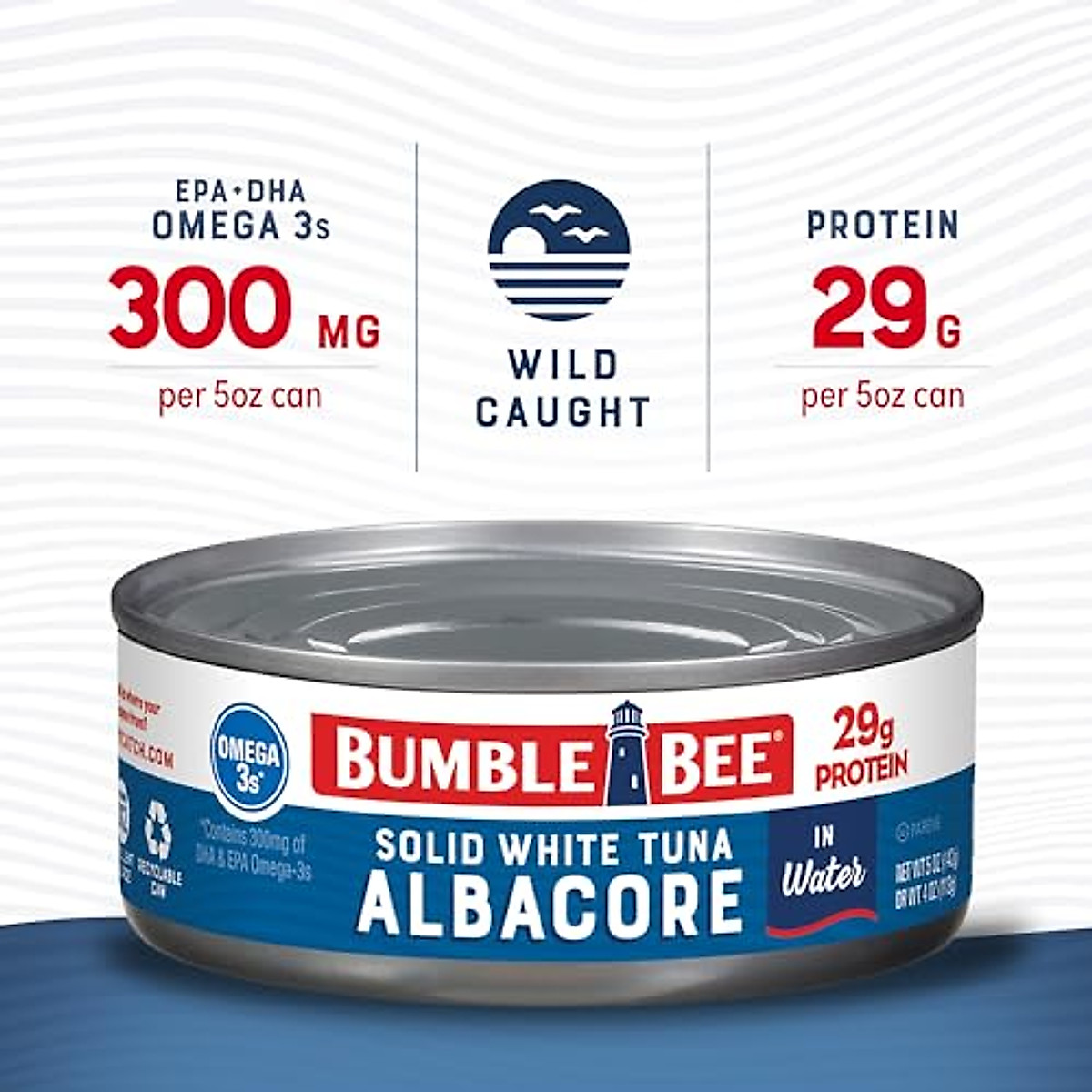 Bumble Bee Solid White Albacore Tuna in Water, 5 oz Can (Pack of 48) - Wild Caught Tuna - 29g Protein per Serving, High in Omega-3s - Non-GMO Project Verified, Gluten Free, Kosher