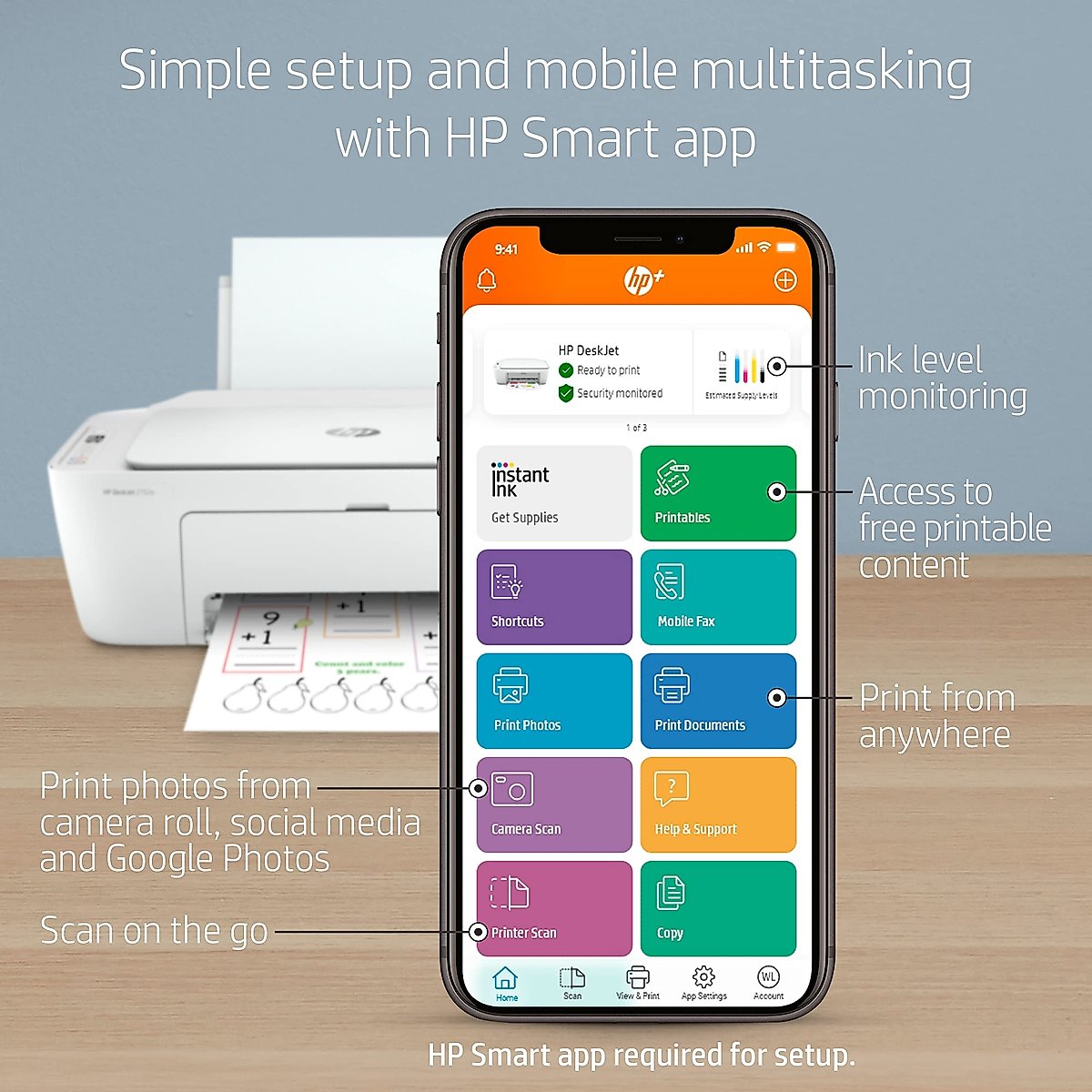 HP DeskJet 2752B Wireless All-in-One Color Inkjet Printer for Home Office, White - Print Scan Copy - Icon LCD Display, 4800 x 1200 dpi, WiFi, Bluetooth, Hi-Speed USB, Instant Ink Ready