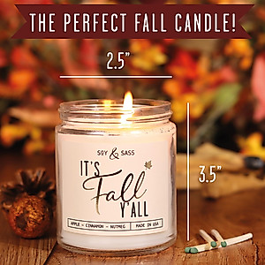 Fall Candles - 'It's Fall Yall' Fall Candle w/Apple Cinnamon & Nutmeg I Infused with Essential Oils I Autumn Fall Scented Candles I Cozy Cute Fall Décor Fall Gifts I 9oz Jar I 50Hr Burn I Made in USA