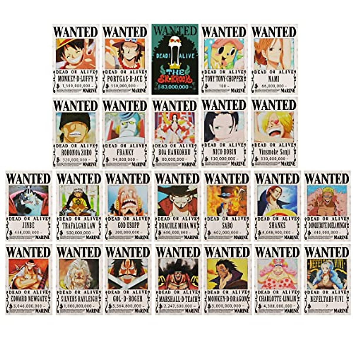 Xiumui OP Pirate Anime Wanted Poster 28.5cm×19.5cm, New Edition, Zorro, Luffy, 1.5 billion, Set of 24