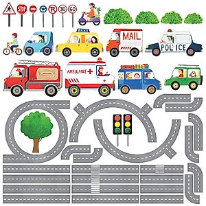 DECOWALL DW-1604 Vehicles on The Roads Kids Wall Stickers Wall Decals Peel and Stick Removable Wall Stickers for Kids Nursery Bedroom Living Room décor