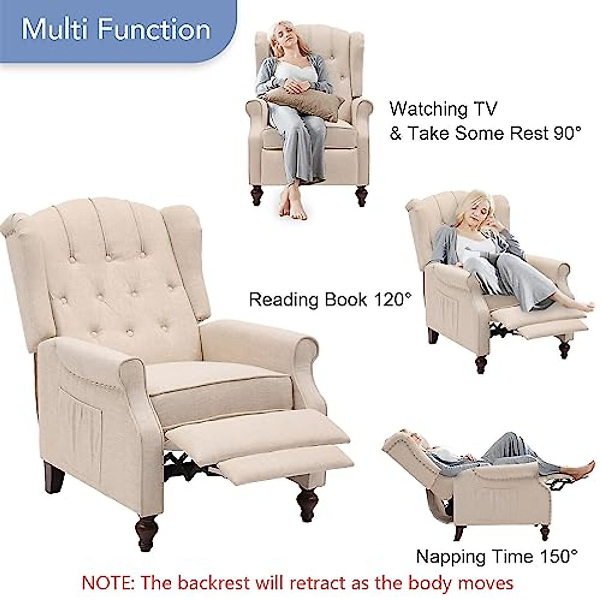 IPKIG Recliner Chair with Heated and Massage, Tufted Comfy Wingback Design Push Back Recliners Armchair Accent Chairs with Side Pockets for Living Room, Bedroom, Home (1, Beige)