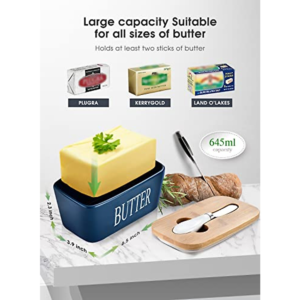 AISBUGUR Large Butter Dish with Lid Ceramics Butter Keeper Container with Knife and High- quality Silicone Sealing Butter Dishes with Covers Good Kitchen Gift Blue