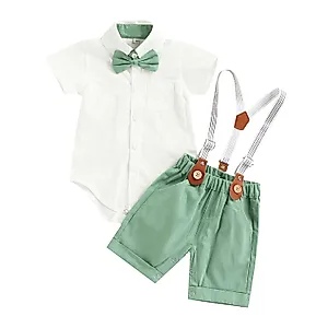 Qiylii Infant Baby Boys Short Sleeve Bowtie Buttons Bodysuit Shirts Suspender Shorts Casual Summer Clothes (Green, 3-6 Months)