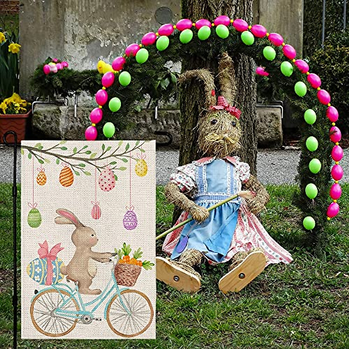 CROWNED BEAUTY Easter Welcome Garden Flag 12×18 Inch Double Sided Rabbit Bunny Bike Egg Tree Outside Vertical Holiday Yard Flag