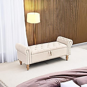 Furniliving 51” Storage Bench, End of Bed Bench with Button-Tufted Large Upholstered Storage Ottoman Linen Window Bench with Storage Shoe Cabinet Bench, for Bedroom, Entryway, Closet, Beige