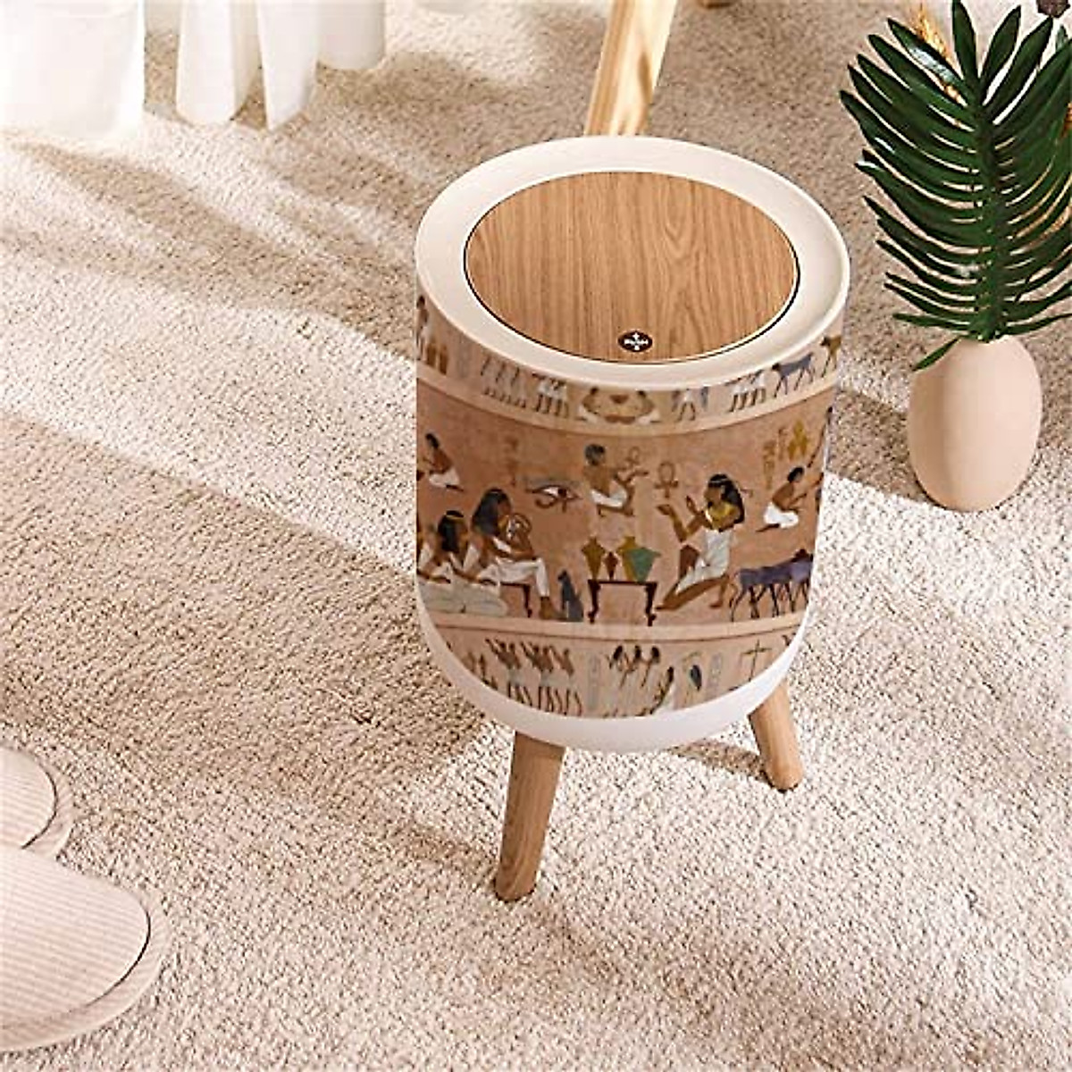 Small Trash Can with Lid Ancient Egypt Frescoes Life of egyptians Agriculture Workmanship Round Recycle Bin Press Top Dog Proof Wastebasket for Kitchen Bathroom Bedroom Office 7L/1.8 Gallon