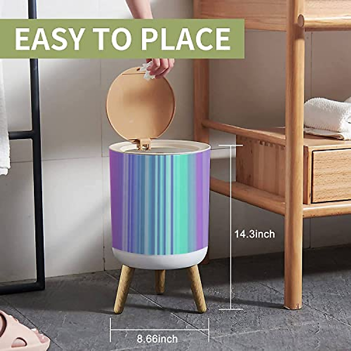 IBPNKFAZ89 Small Trash Can with Lid Holographic Iridescent Surface Wrinkled foil Abstract foil 80s Texture Garbage Bin Wood Waste Bin Press Cover Round Wastebasket for Bathroom Bedroom Office Kitchen