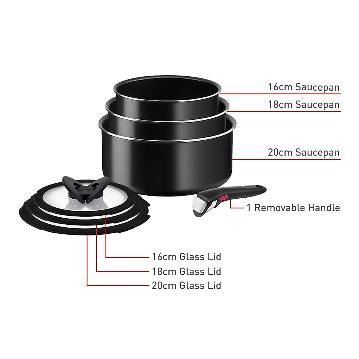Tefal Ingenio Easy ON 7 piece Non-Stick Saucepan Set, 16&18&20 cm Saucepans, 16&18&20 cm Glass Lids, Bakelite Removable Handle, Easy Cleaning, Heat Indicator, Black, L1599602